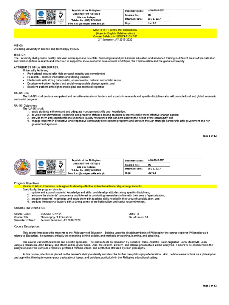 EDUC 101 Syllabus | PDF | Philosophy Of Education | Human Nature