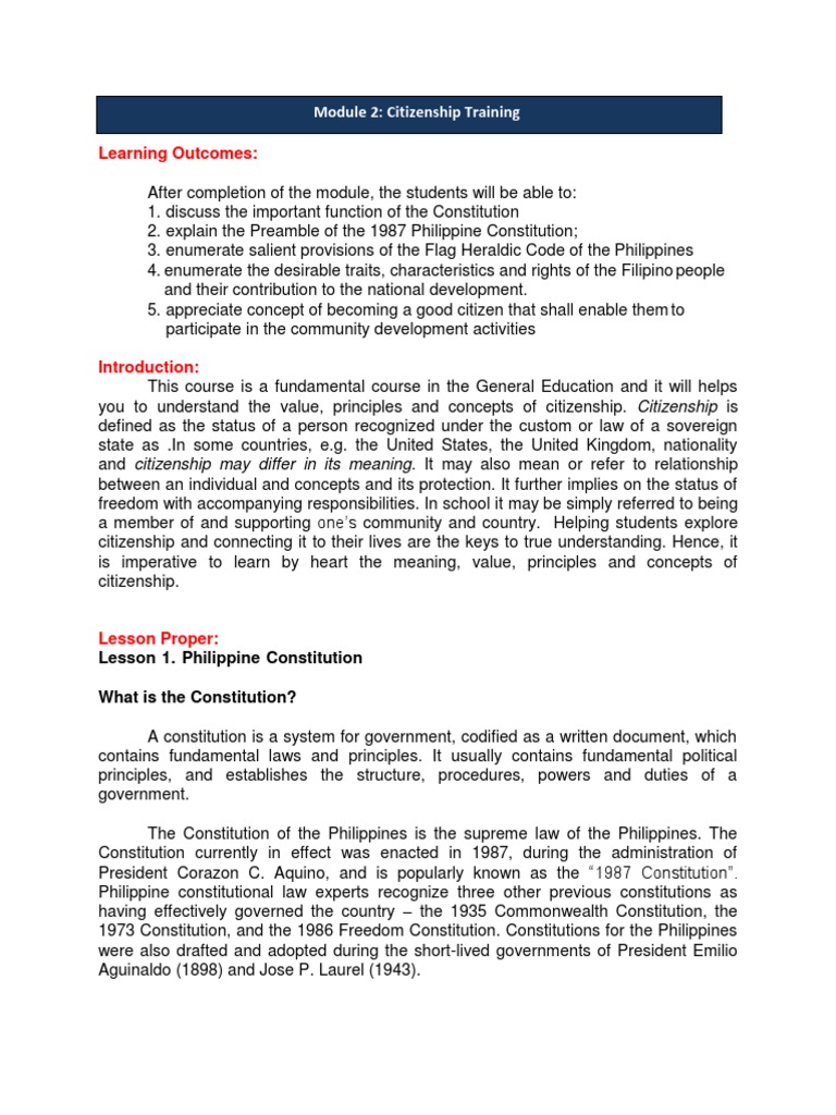 Citizenship Training: Understanding the Philippine Constitution, Flag Code, and Values of Good ...