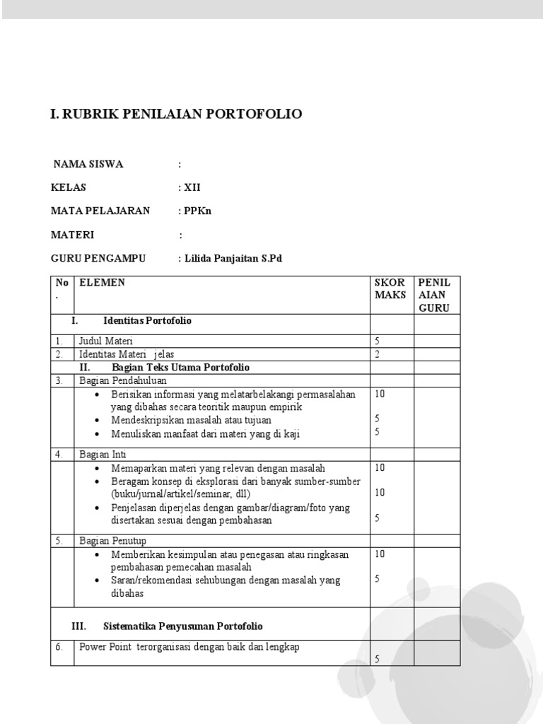 RUBRIK AKM Portofolio PPKN | PDF | Seni & Disiplin Bahasa