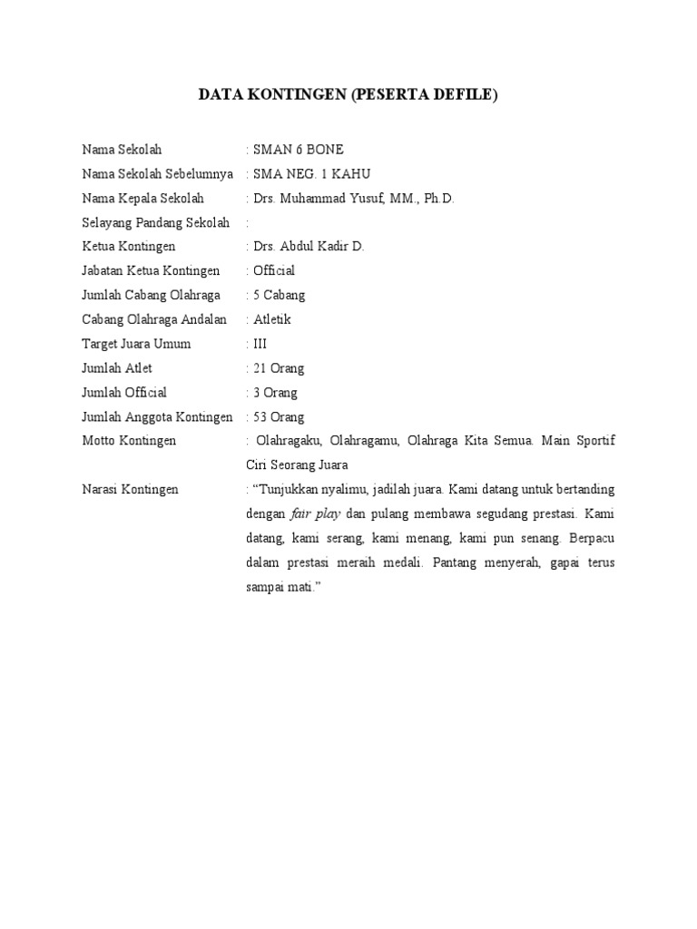 Data Kontingen SMAN 6 Bone | PDF