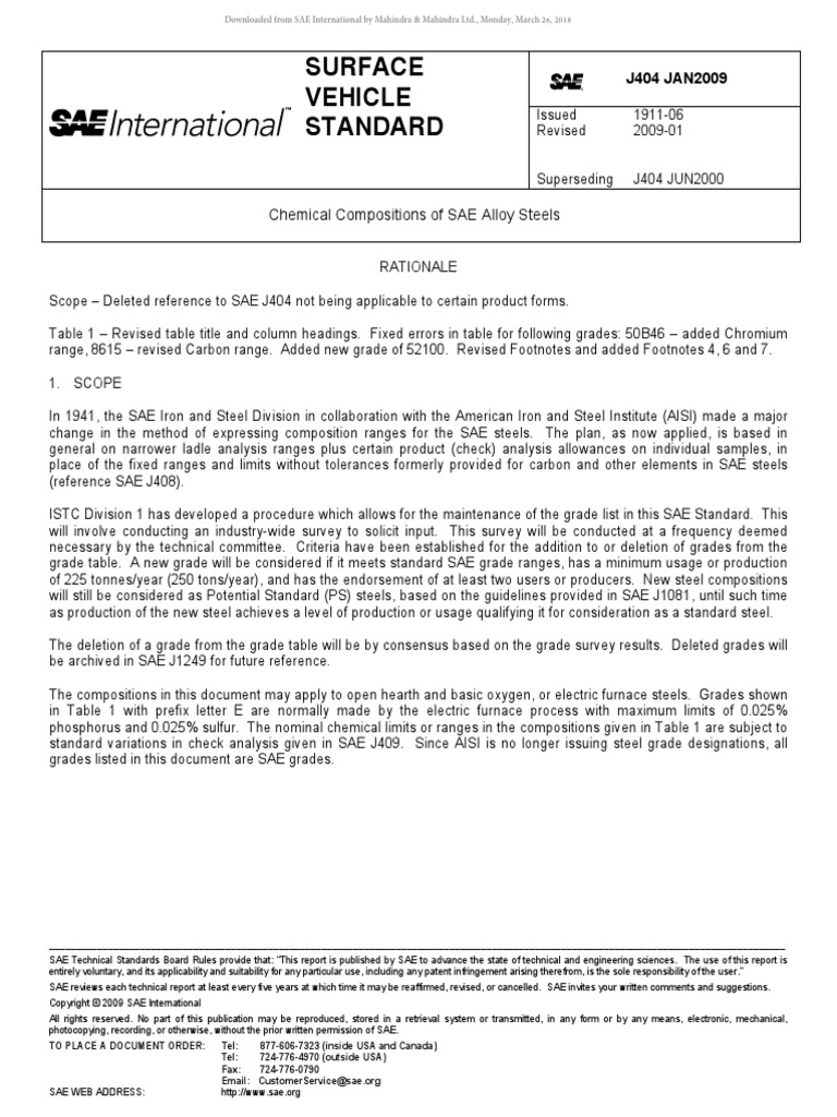 Surface Vehicle Standard: Chemical Compositions of SAE Alloy Steels ...