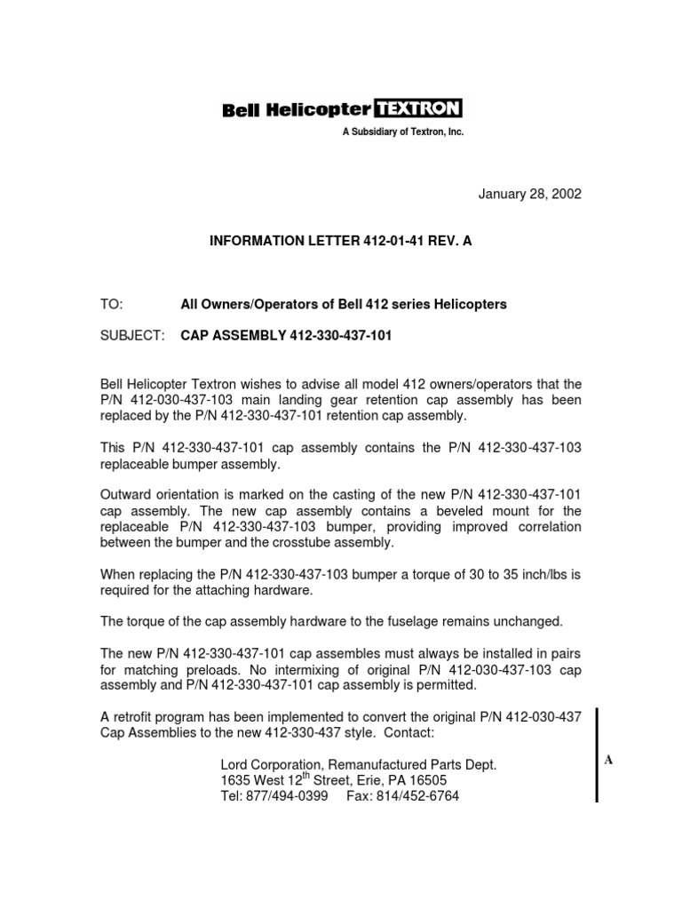 Bell Helicopter Issues Information Letter Regarding Replacement of Main ...
