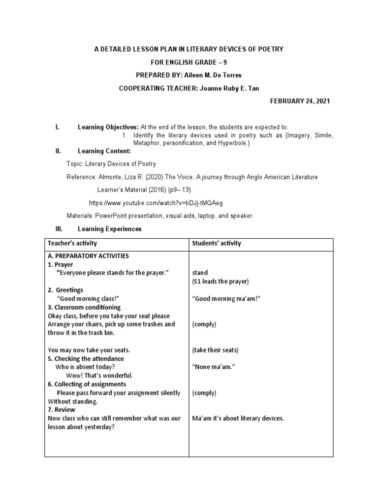 A DETAILED LESSON PLAN IN LITERARY DEVICES OF POETRY 2nd PART | PDF ...