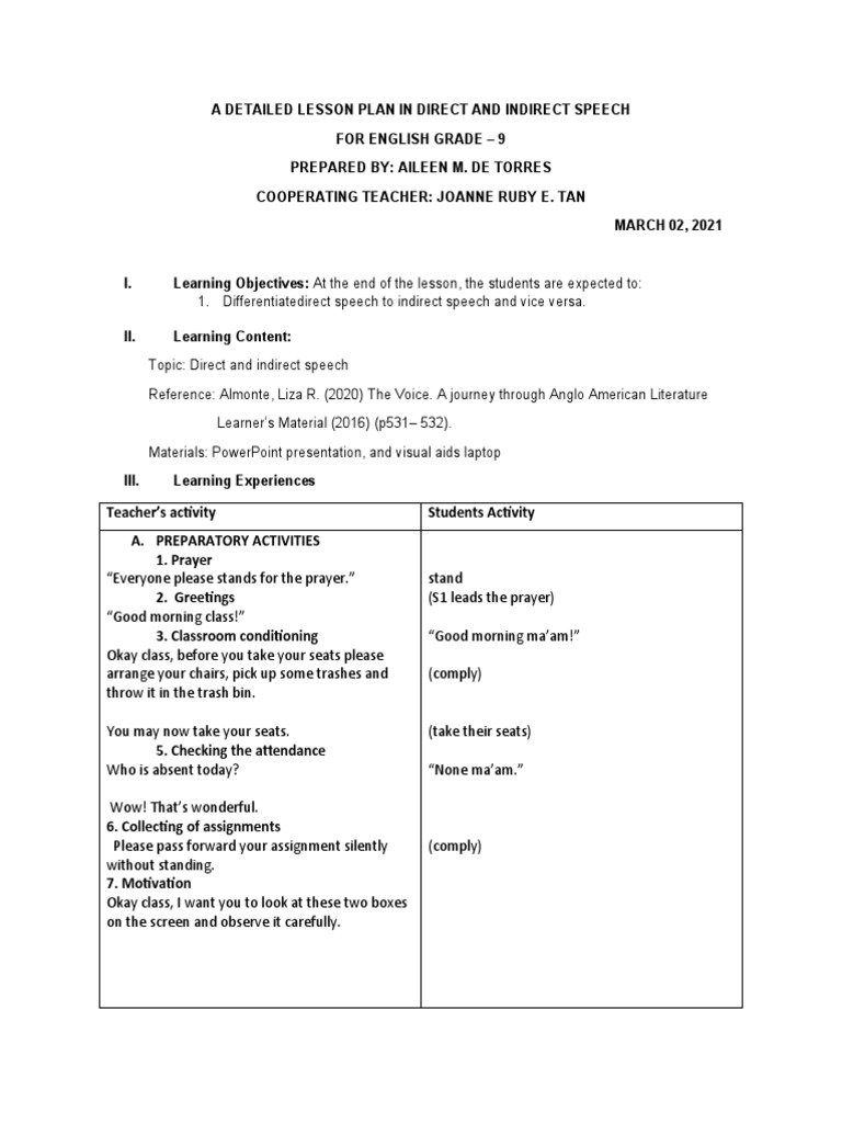 Grade 9 Lesson Plan: Direct & Indirect Speech | PDF | Grammar | Linguistics