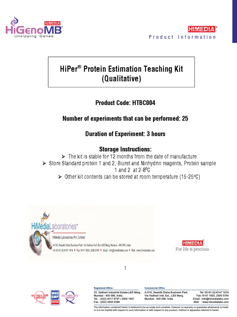 Hiper Protein Estimation Teaching Kit (Qualitative) | PDF | Amino Acid ...