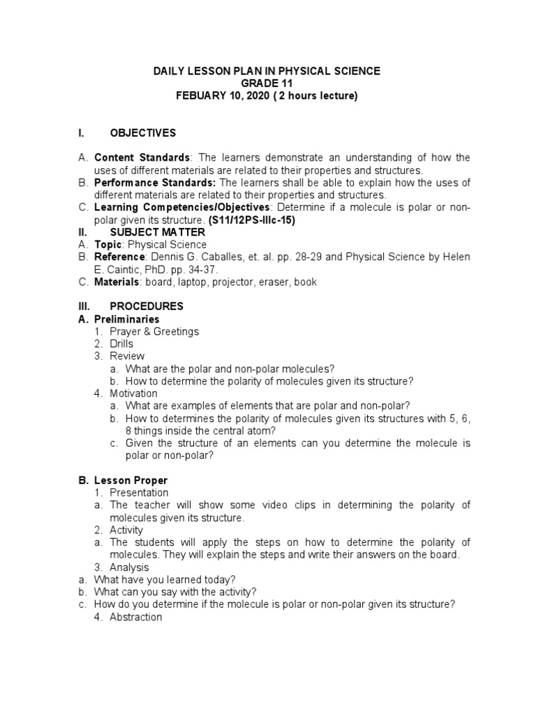 Daily Lesson Plan in Physical Scienc1 | PDF | Chemical Polarity ...