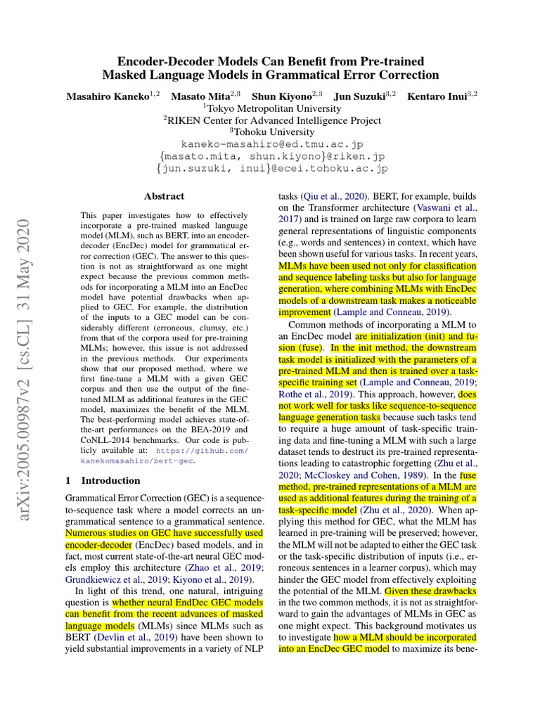 Encoder-Decoder Models Can Benefit From Pre-Trained Masked Language Models in Grammatical Error ...