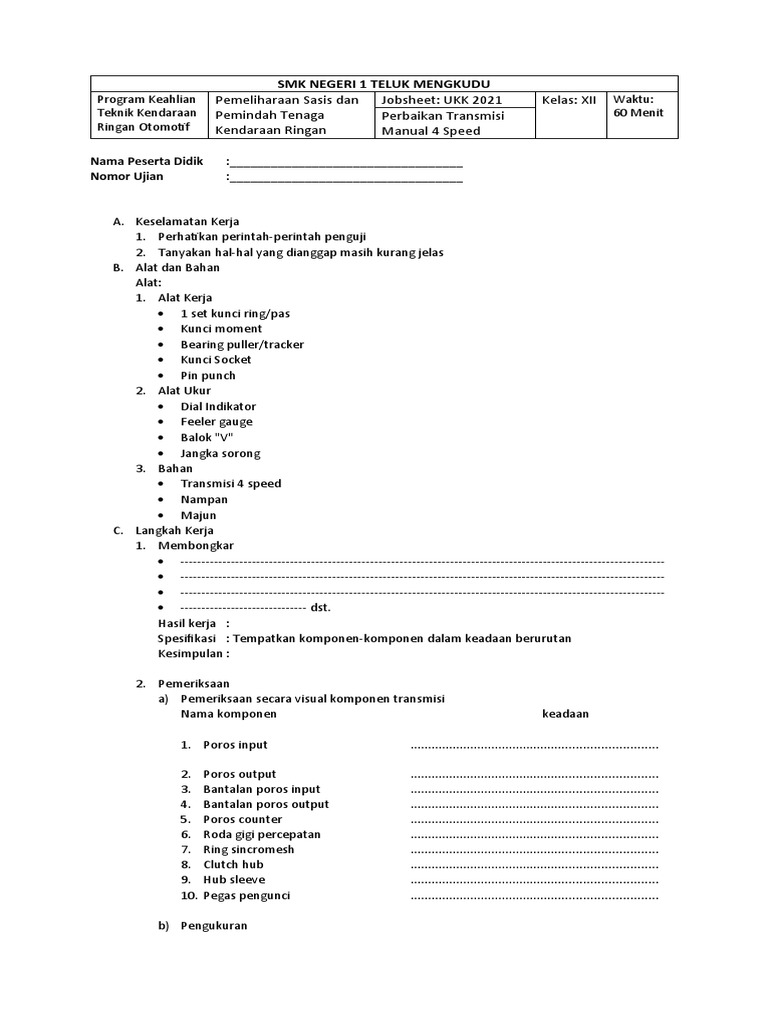 Jobsheet Perbaikan Transmisi Manual | PDF
