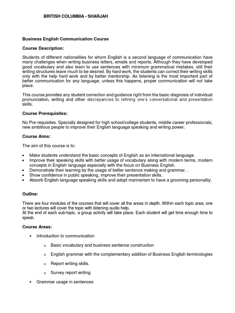 Business English Course Outline | PDF | English Language | Second Language