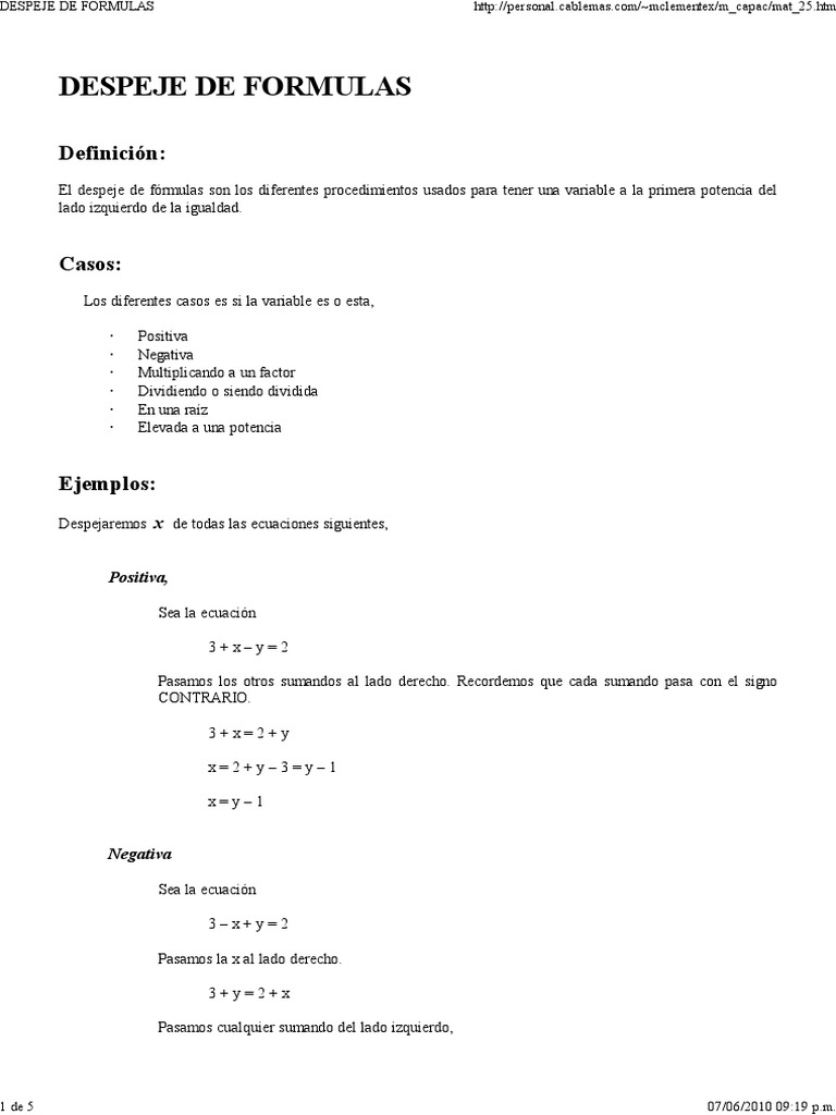 Ejemplos de Despeje de Fórmulas | PDF | Exponenciación | Ecuaciones