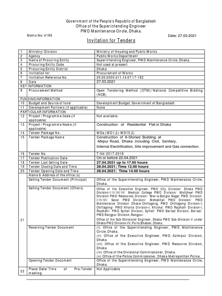 Invitation For Tenders: Office of The Superintending Engineer PWD ...