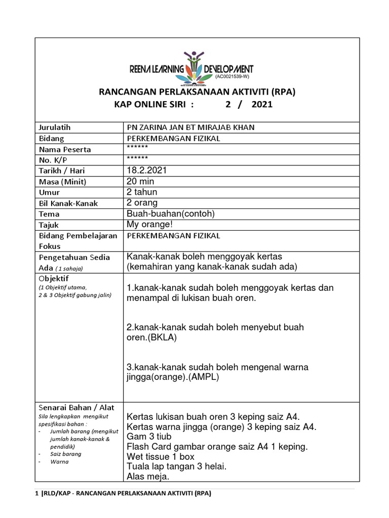 BORANG RPA 2021 Contoh Fizikal | PDF