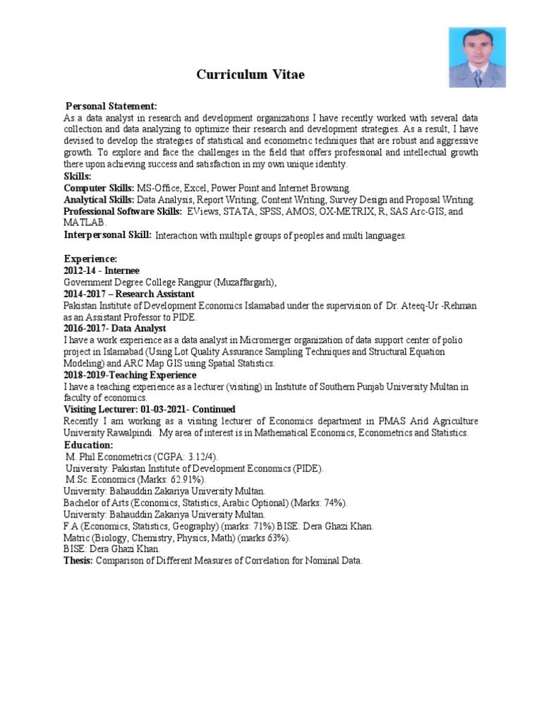 Curriculum Vitae: Personal Statement | PDF | Sas (Software) | Data Analysis