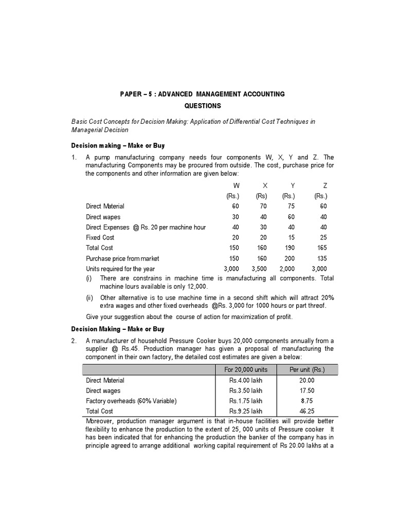 Paper - 5: Advanced Management Accounting Questions | PDF | Labour ...