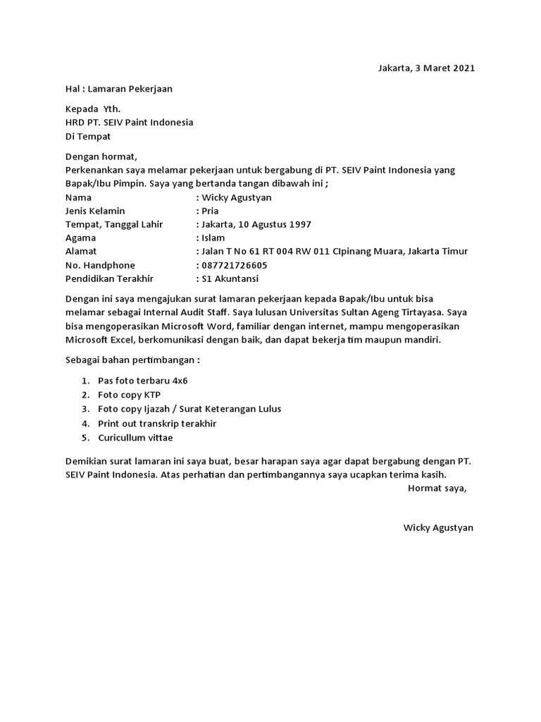 Surat Lamaran Kerja SEIV | PDF