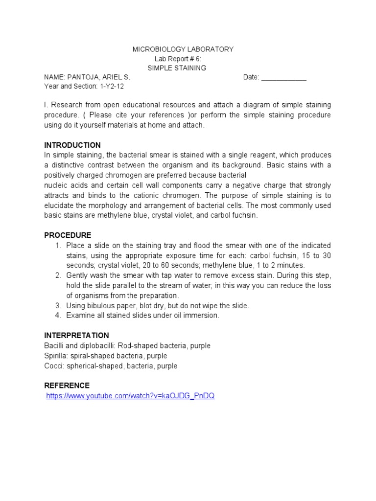 Microbiology Laboratory Lab Report # 6: Simple Staining Name: Pantoja ...