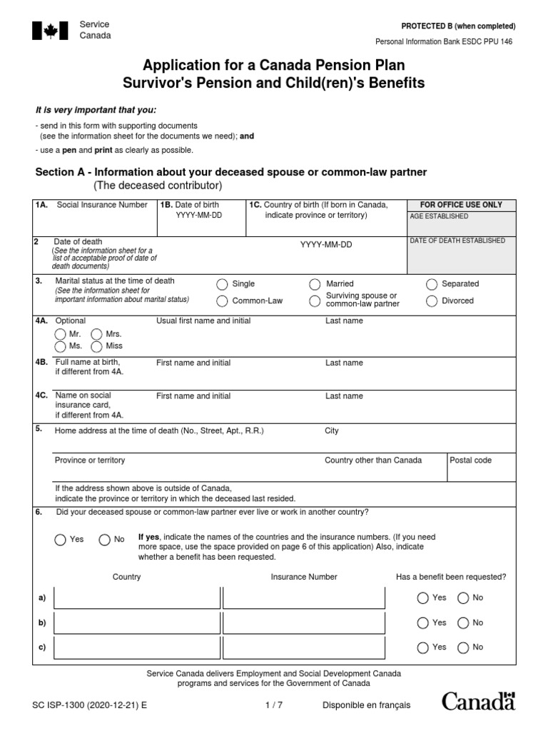 Application For A Canada Pension Plan Survivor's Pension and Child (Ren ...