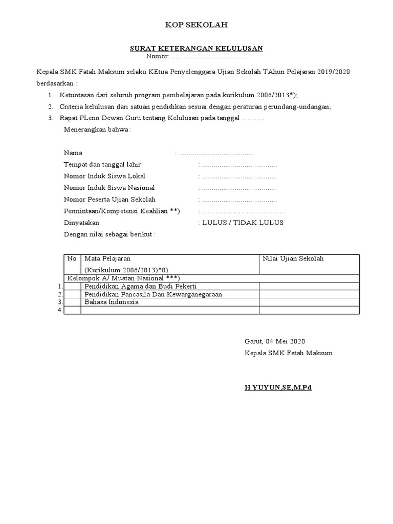Contoh Format Surat Keterangan Kelulusan SD MI MTs SMP MA SMA | PDF