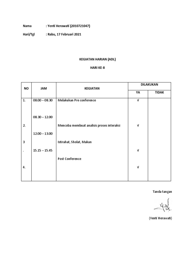 Contoh Kegiatan Harian (ADL) Keperawatan | PDF