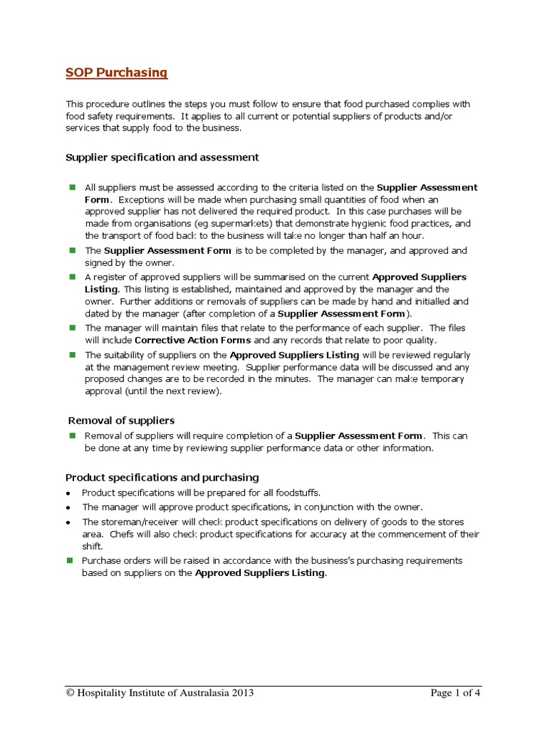 SOP Purchasing: Supplier Specification and Assessment | PDF | Supply ...