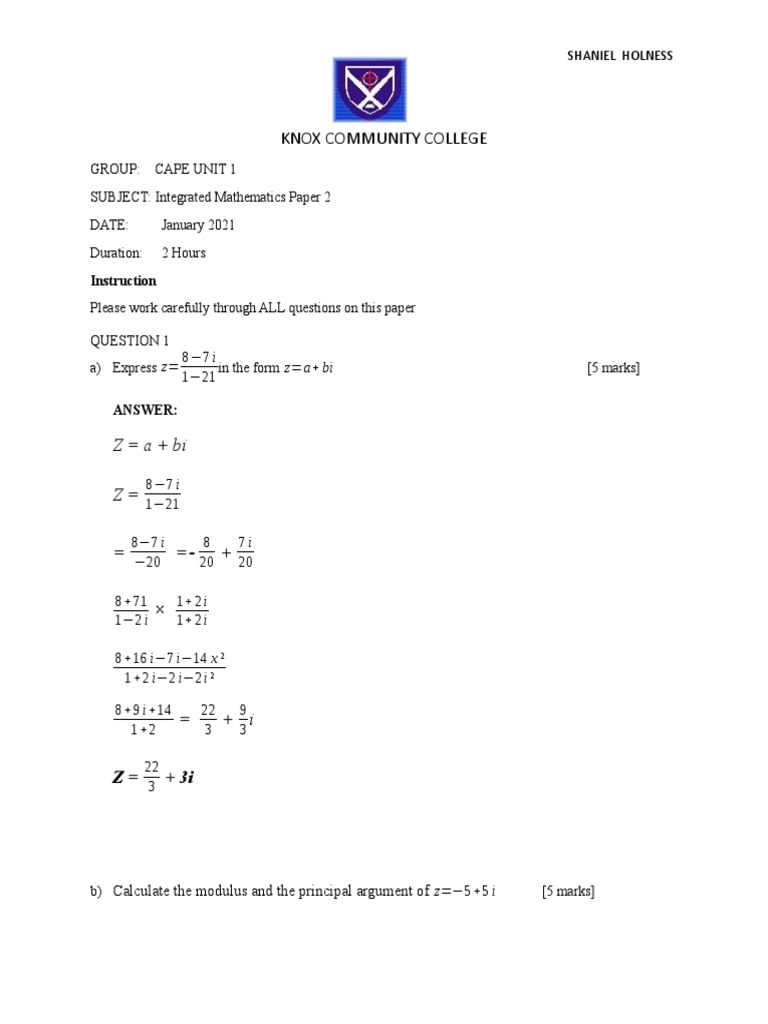 CAPE Integrated Mathematics Paper 2 | PDF | Square Root | Quadratic ...