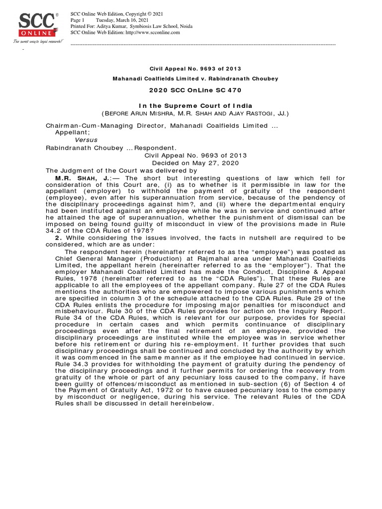 Mahanadi Coalfields Ltd. v. Rabindranath Choubey | Download Free PDF ... Mahanadi Coalfields Ltd. v. Rabindranath Choubey | Download Free PDF ...