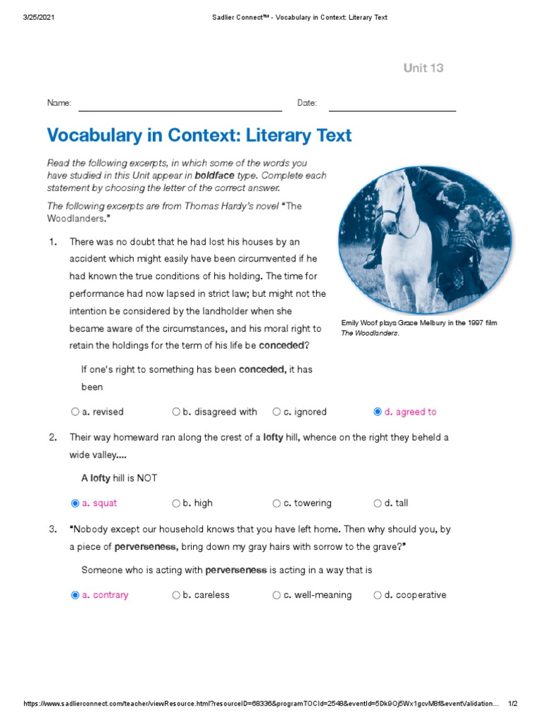 Unit 13 Sadlier Connect™ - Vocabulary in Context - Literary Text | PDF