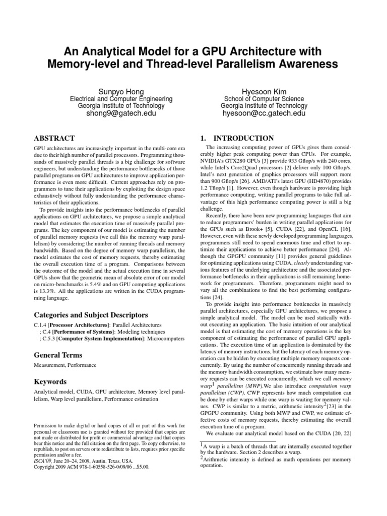 An Analytical Model For A GPU Architecture With Memory-Level and Thread-Level Parallelism ...
