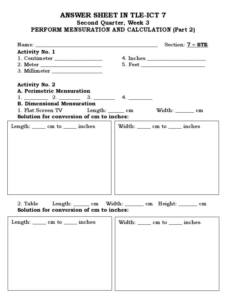 Answer Sheet in Tle-Ict 7: Second Quarter, Week 3 Perform Mensuration and Calculation (Part 2 ...
