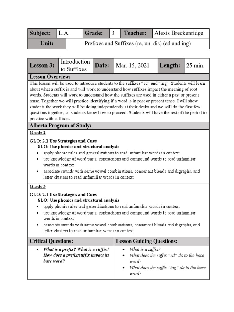 Introduction to Suffixes Lesson Plan | PDF | Phonics | Learning