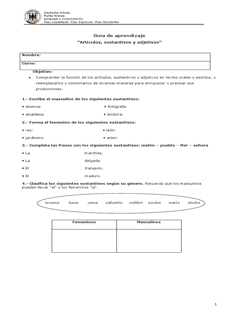 Guía Lenguaje. Articulos, Sustantivos y Adjetivos | PDF | Adjetivo ...