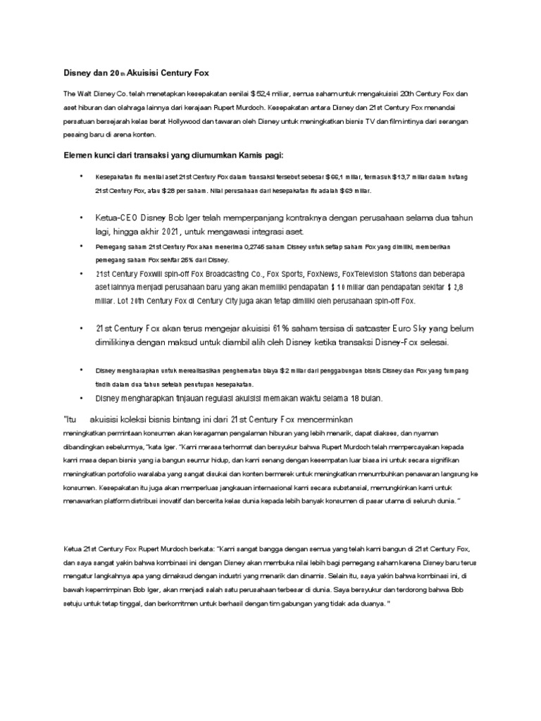 Case 3.1 - Disney and 20th Century Fox Acquisition - En.id | PDF