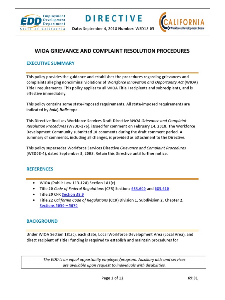 Wioa Grievance and Complaint Resolution Procedures | PDF | Complaint ...