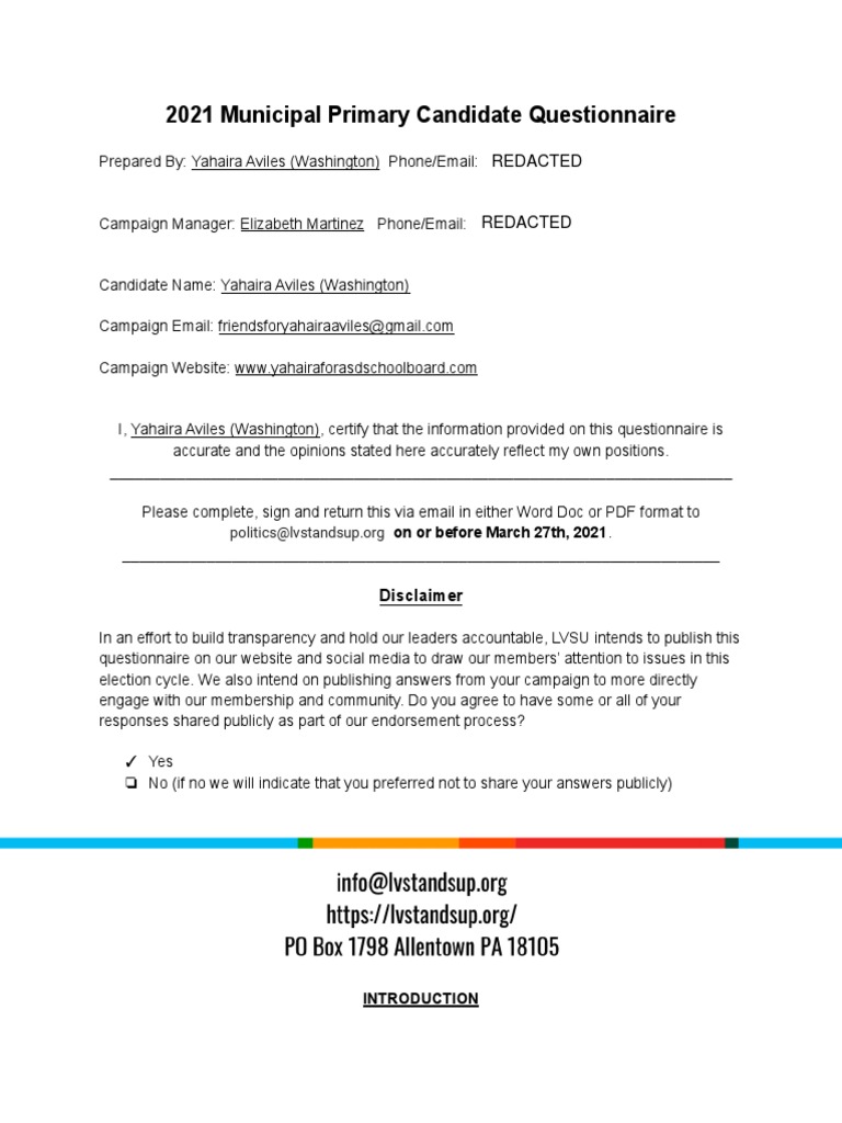 2021 Candidate Questionnaire for School Board | PDF | Social ...