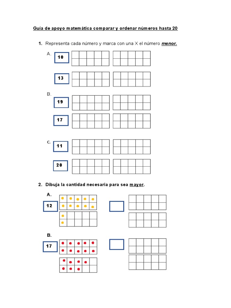 Guía de Apoyo Matemática Comparar y Ordenar Números Hasta 20 | PDF