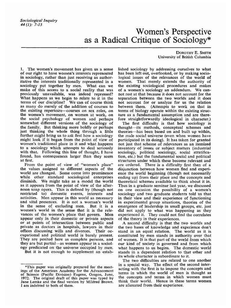 Womens Perspective As A Radical Critique (Dorothy Smith) | PDF | Experience | Sociology