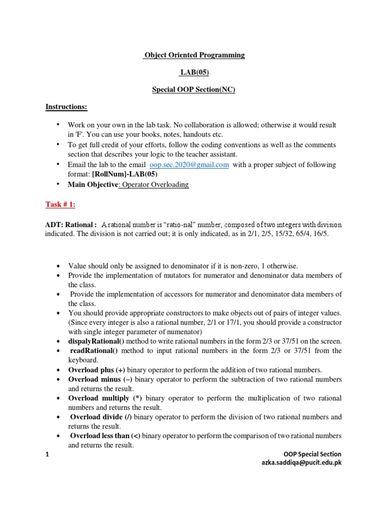 Object Oriented Programming LAB (05) Special OOP Section (NC) Instructions | PDF | Rational ...