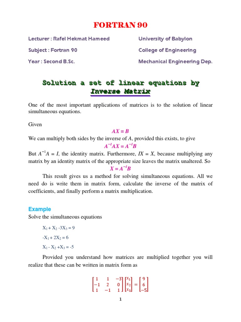 A Fortran 90 Program To Solve A Set of Linear Equations by Using | PDF ... A Fortran 90 Program To Solve A Set of Linear Equations by Using | PDF ...