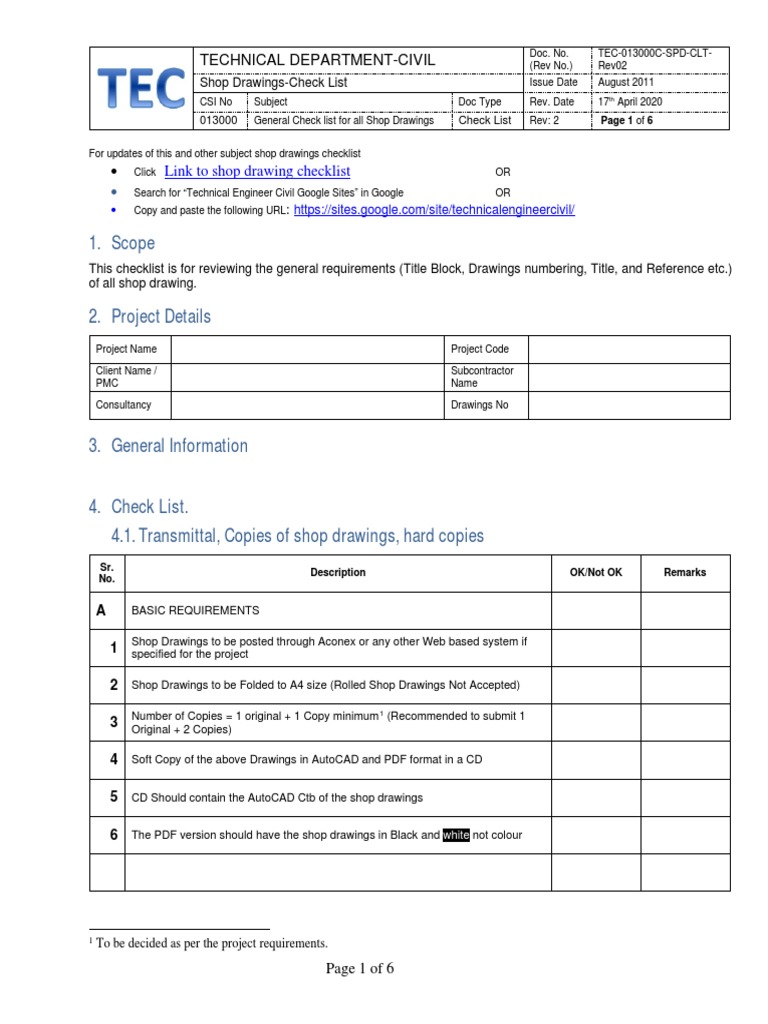 Scope 2. Project Details: Link To Shop Drawing Checklist | PDF ...