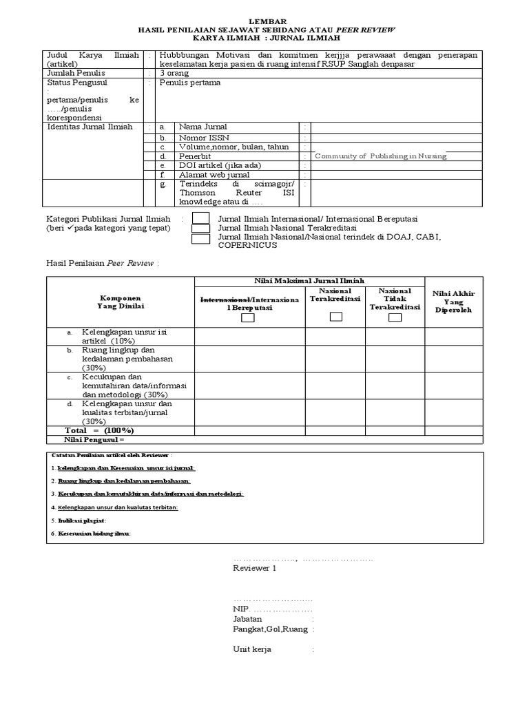 CONTOH FORM PEER REVIEW Karya Ilmiah - KOSONG | PDF