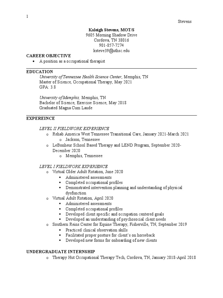 Kaleigh Stevens Ot Student Resume | PDF | Occupational Therapy ...