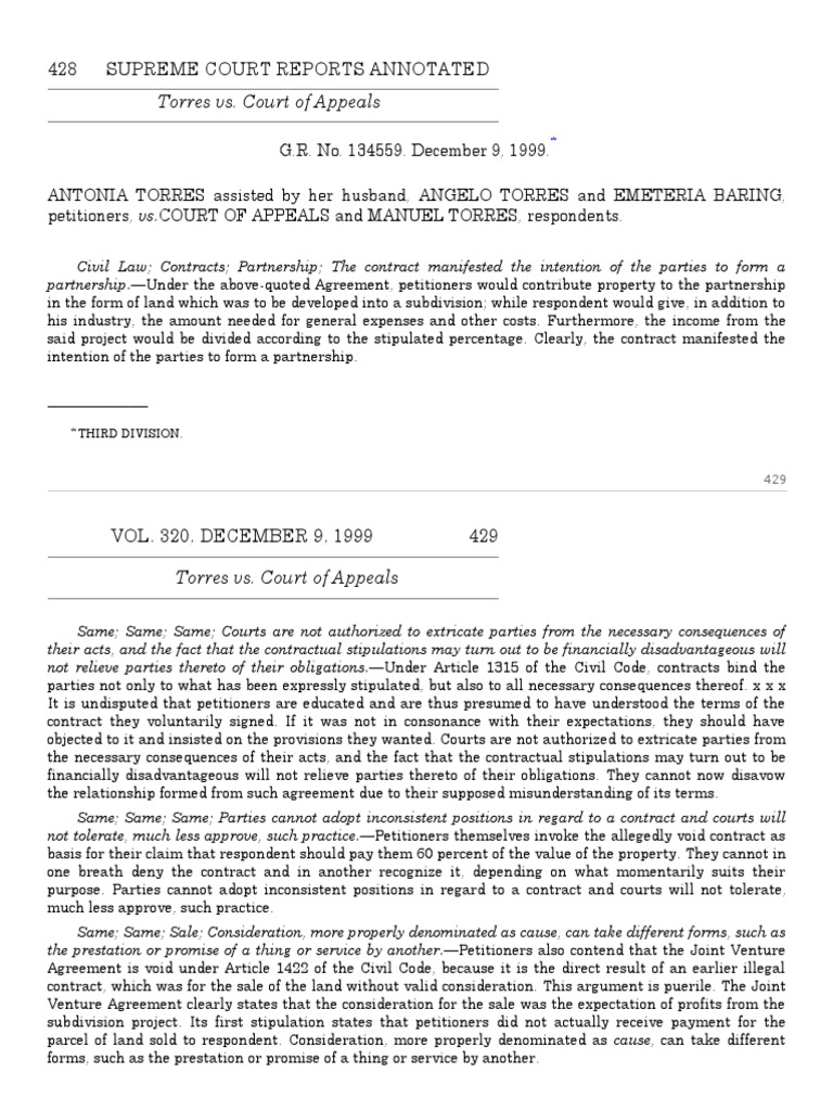 Torres vs. Court of Appeals | PDF | Consideration | Partnership
