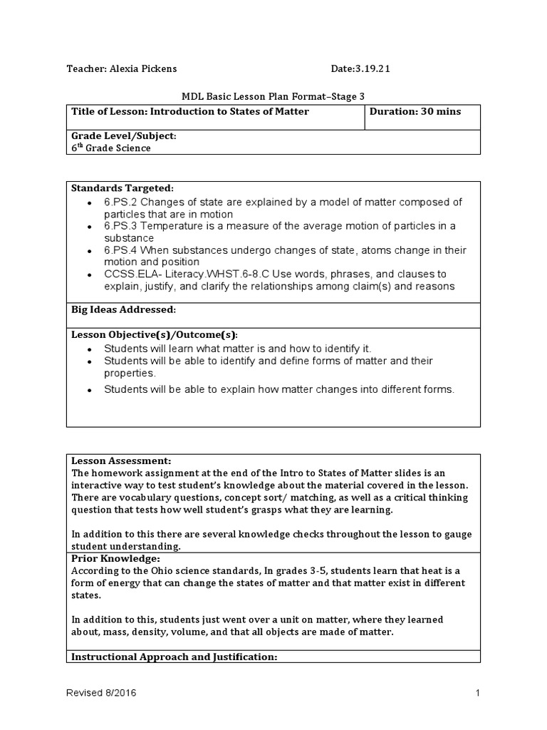 States of Matter Lesson Plan | PDF | Matter | Lesson Plan