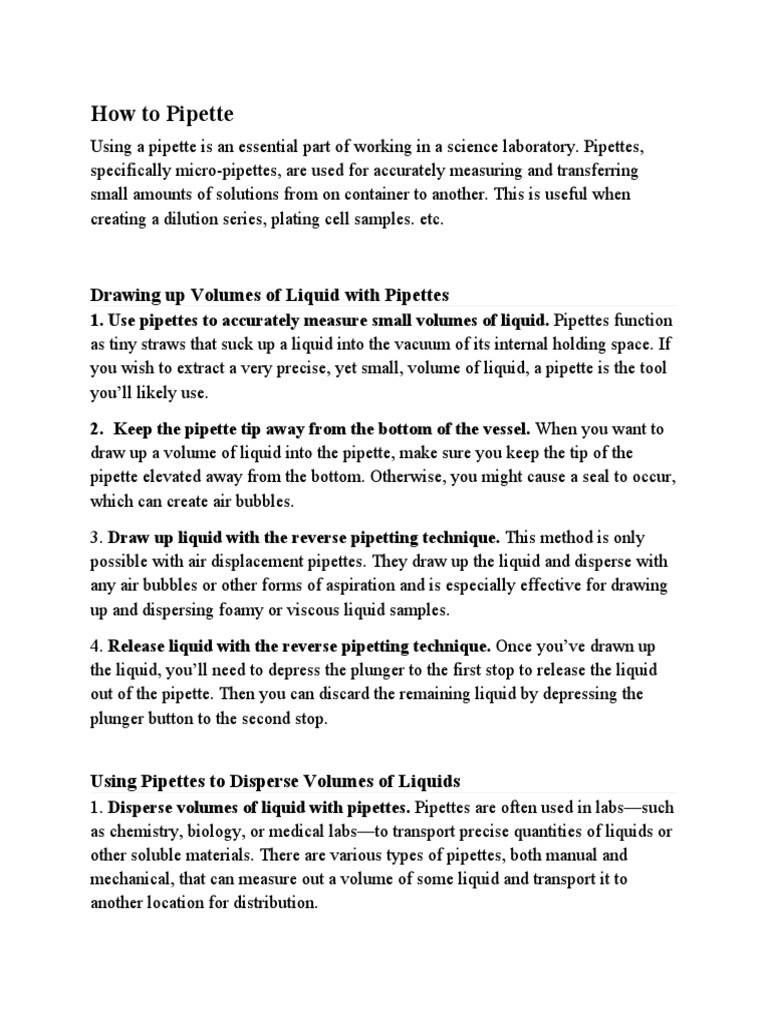 How To Pipette: Drawing Up Volumes of Liquid With Pipettes | PDF ...