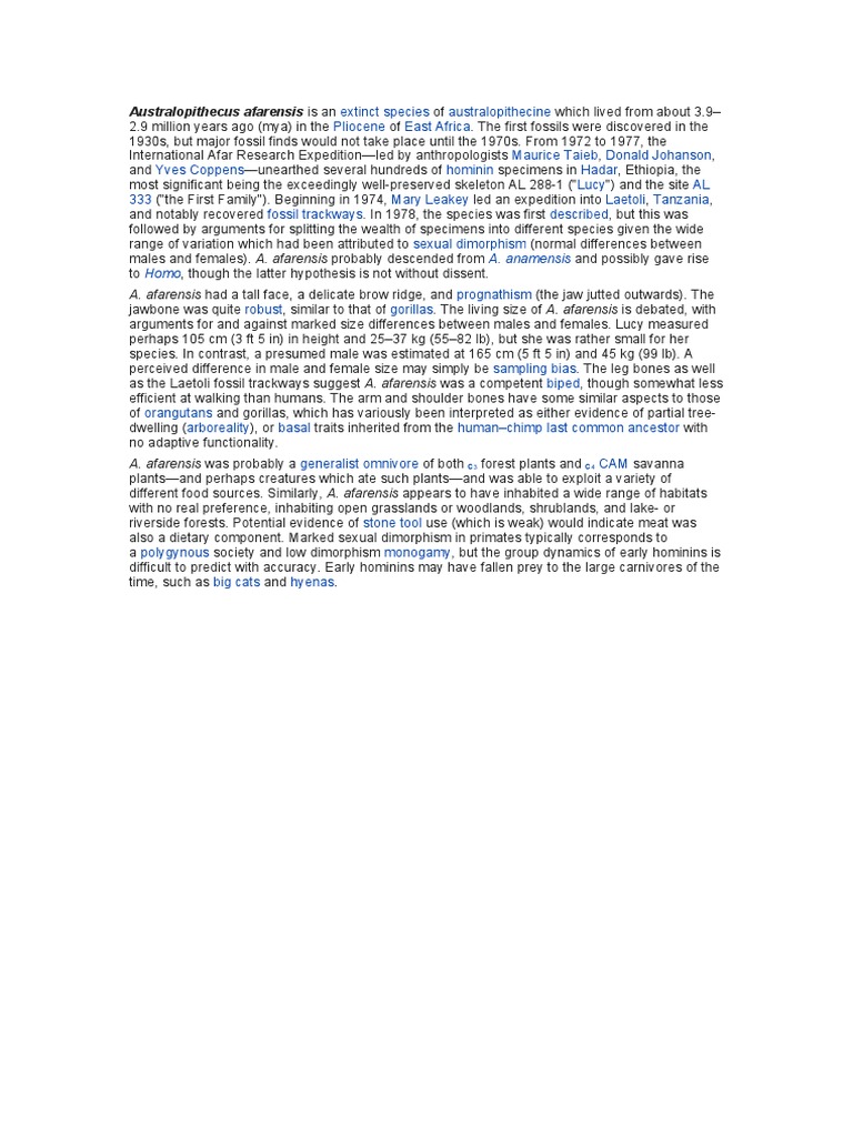 Australopithecus Afarensis Is An | PDF | Lucy (Australopithecus) | Paleoanthropology