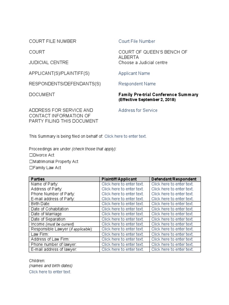 Family Pre Trial Conference Summary Form | PDF | Trials | Child Support