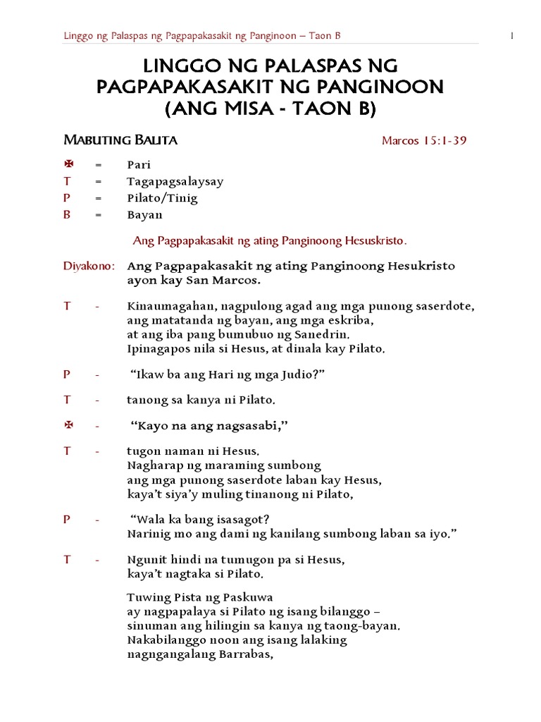 Linggo NG Palaspas NG Pagpapakasakit NG Panginoon - Taon B (Mabuting Balita) | PDF