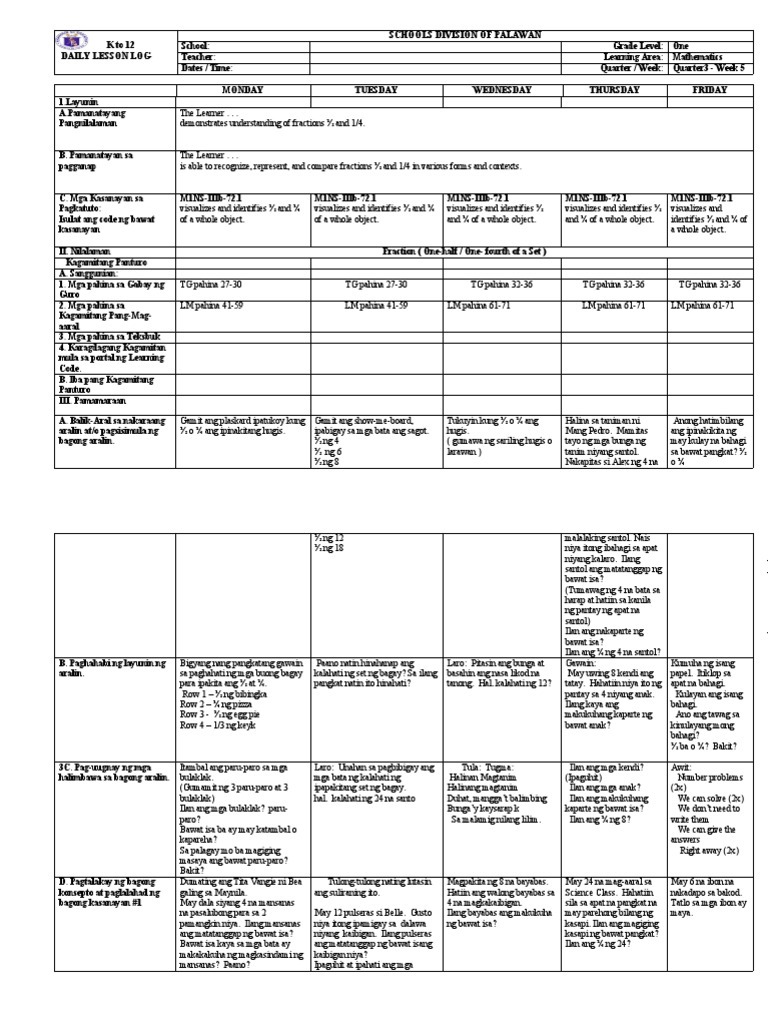 DLL Math Grade1 Q3W5 | PDF