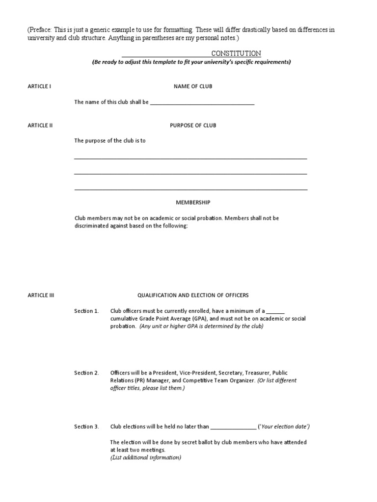 Club Constitution Template Guide | PDF | Supermajority | Impeachment