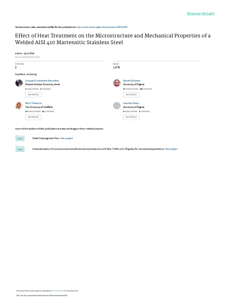 Effect of Heat Treatment On The Microstructure and Mechanical Properties of A Welded AISI 410 ...